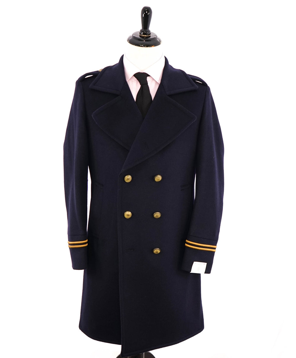$2,000 ELEVENTY - Navy/Gold CASHMERE/Wool Pilot/Aviator Overcoat - 42R
