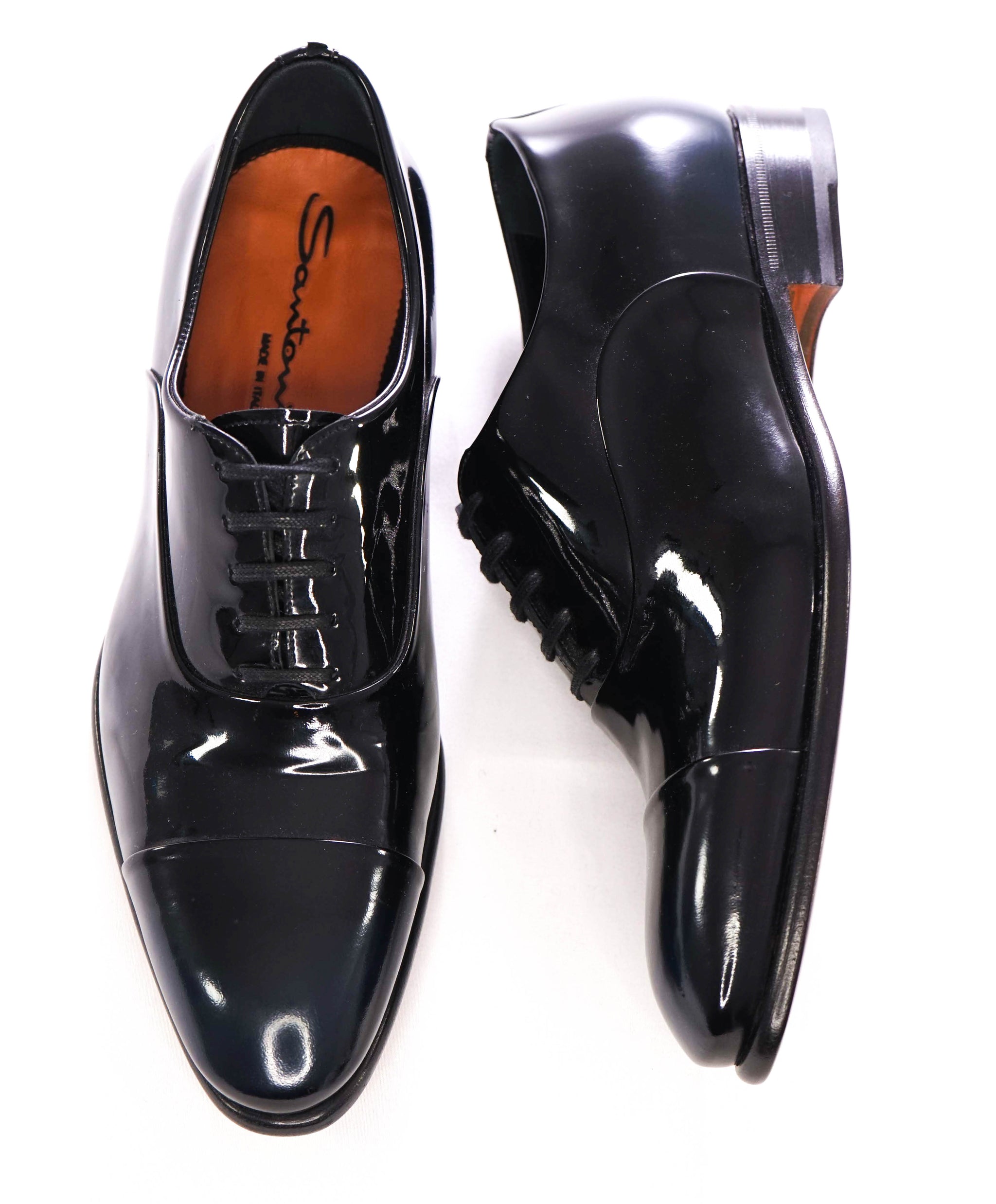 $1,595 SANTONI - "GOODYEAR WELT” Black Patent Leather Tuxedo Oxfords