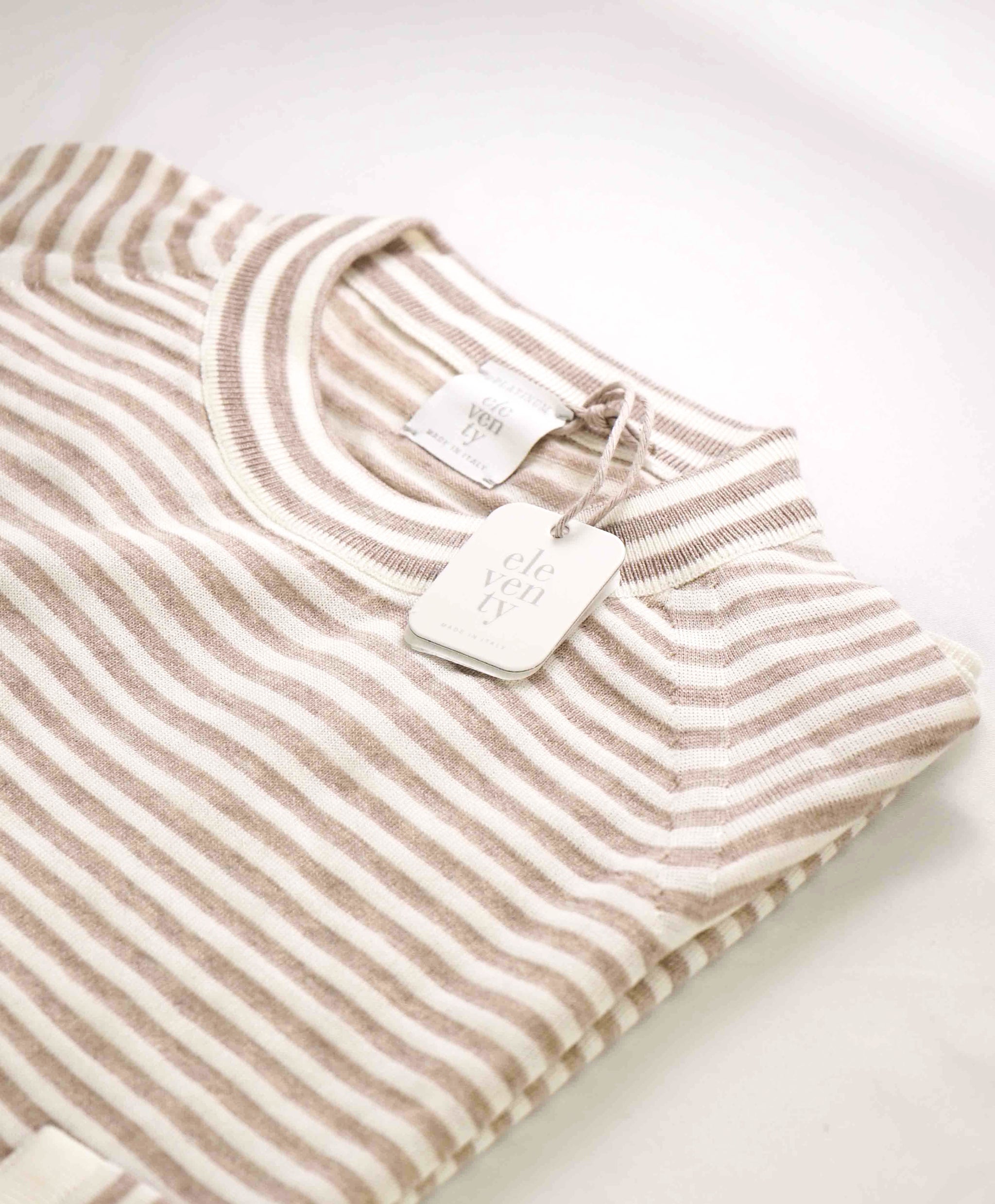 $875 ELEVENTY - Ivory / Camel Nautical Stripe High Crewneck Wool Sweat