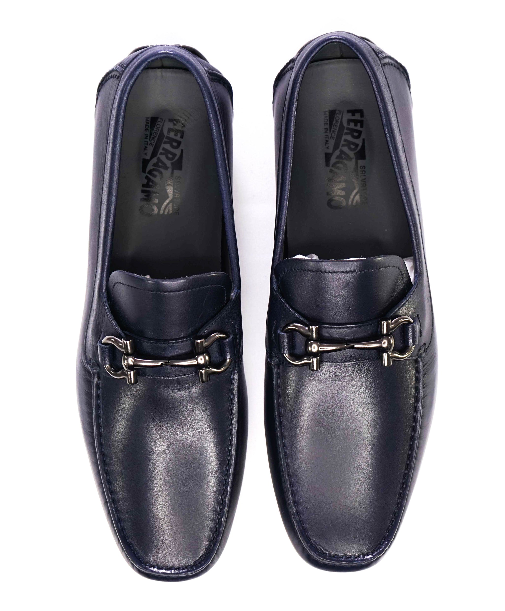 $795 SALVATORE FERRAGAMO - Smooth Navy Leather Parigi Slip On Loafers