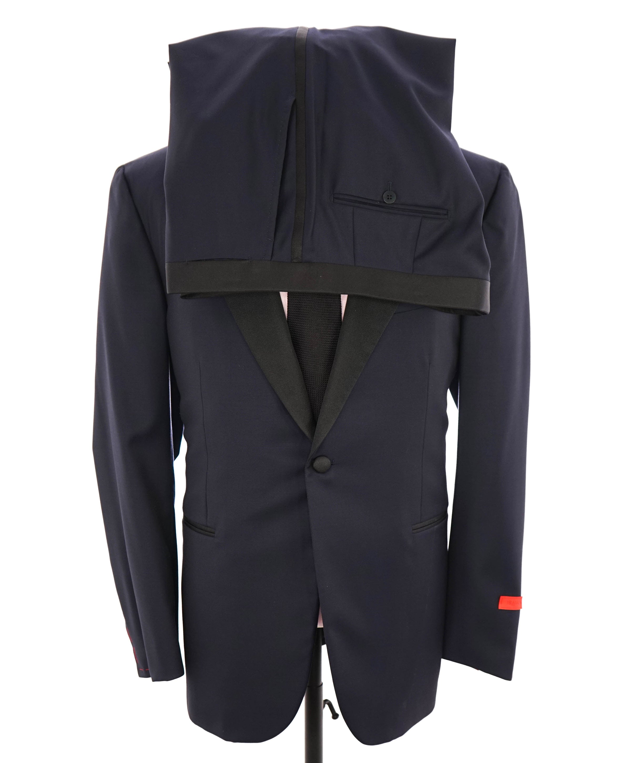 $4,595 ISAIA - "AQUASPIDER" Satin PEAK LAPEL Navy Blue Wool Tuxedo - 4 – Luxe Hanger