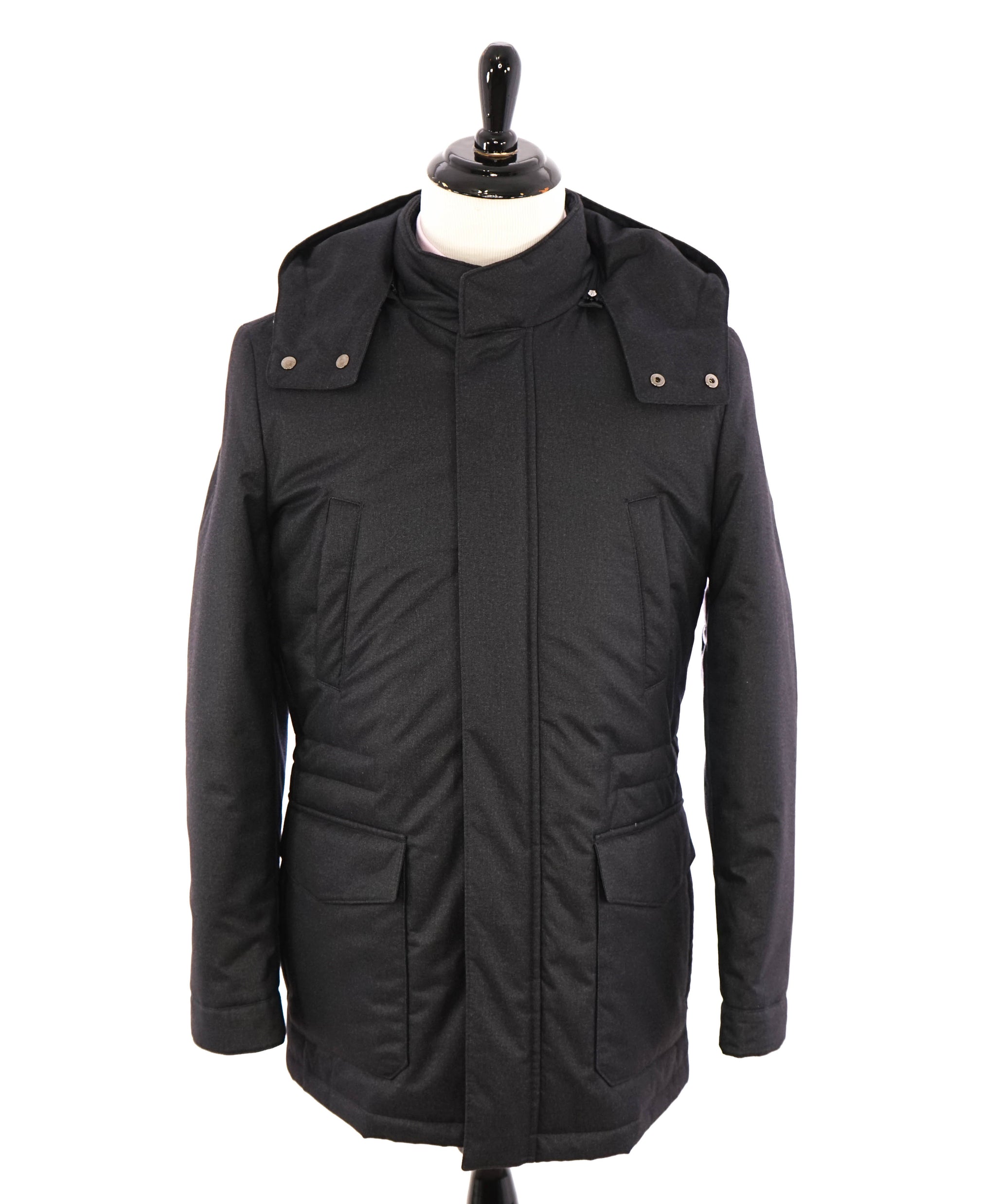 CORNELIANI - Gray Wool Quilted Padded Parka "REMOVABLE HOOD" LOGO Coat