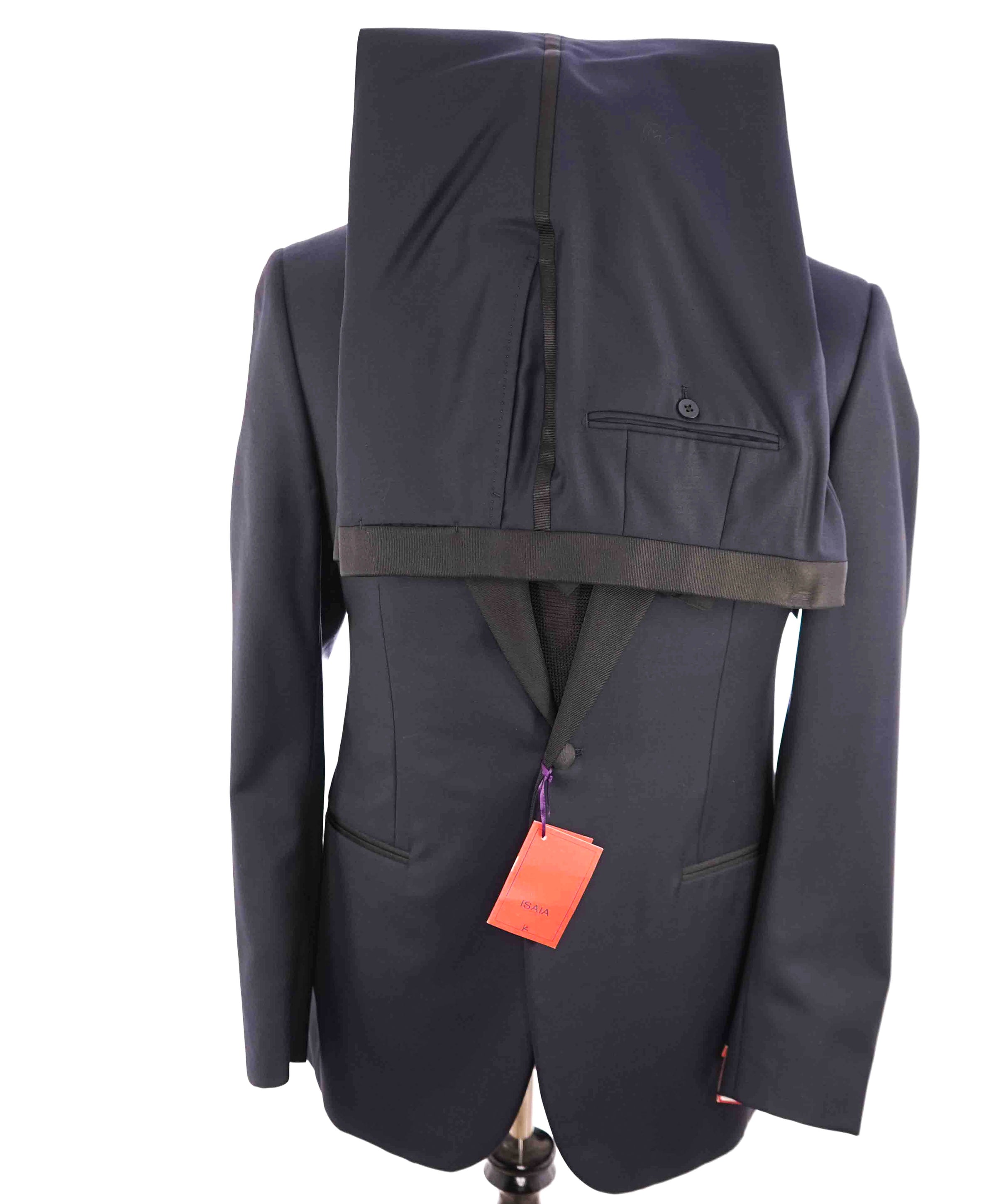 $4,595 ISAIA - "AQUASPIDER" Satin PEAK LAPEL Navy Blue Wool Tuxedo - 4 – Luxe Hanger
